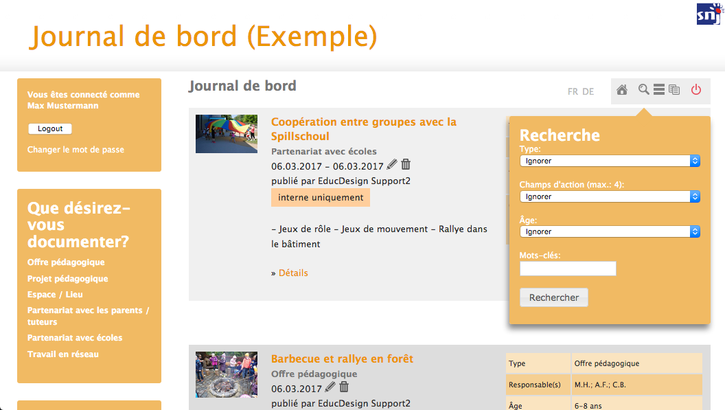 Journal de bord: Manuel > Rechercher des documentations